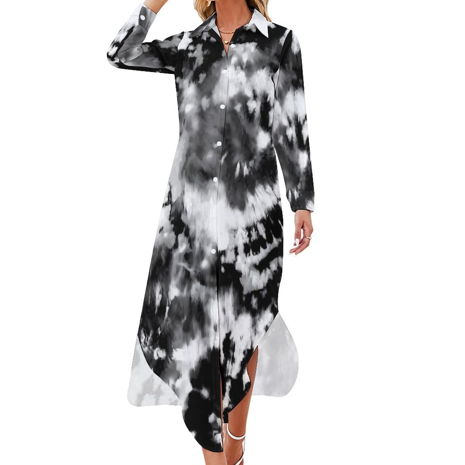 Black Tie Dye Print Chiffon Dress Sexy V Neck Abstract Stripes Beach ...