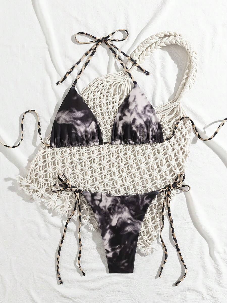 Black Tie-Dye Triangle Bikini Two-Piece Set With Adjustable Straps For ...