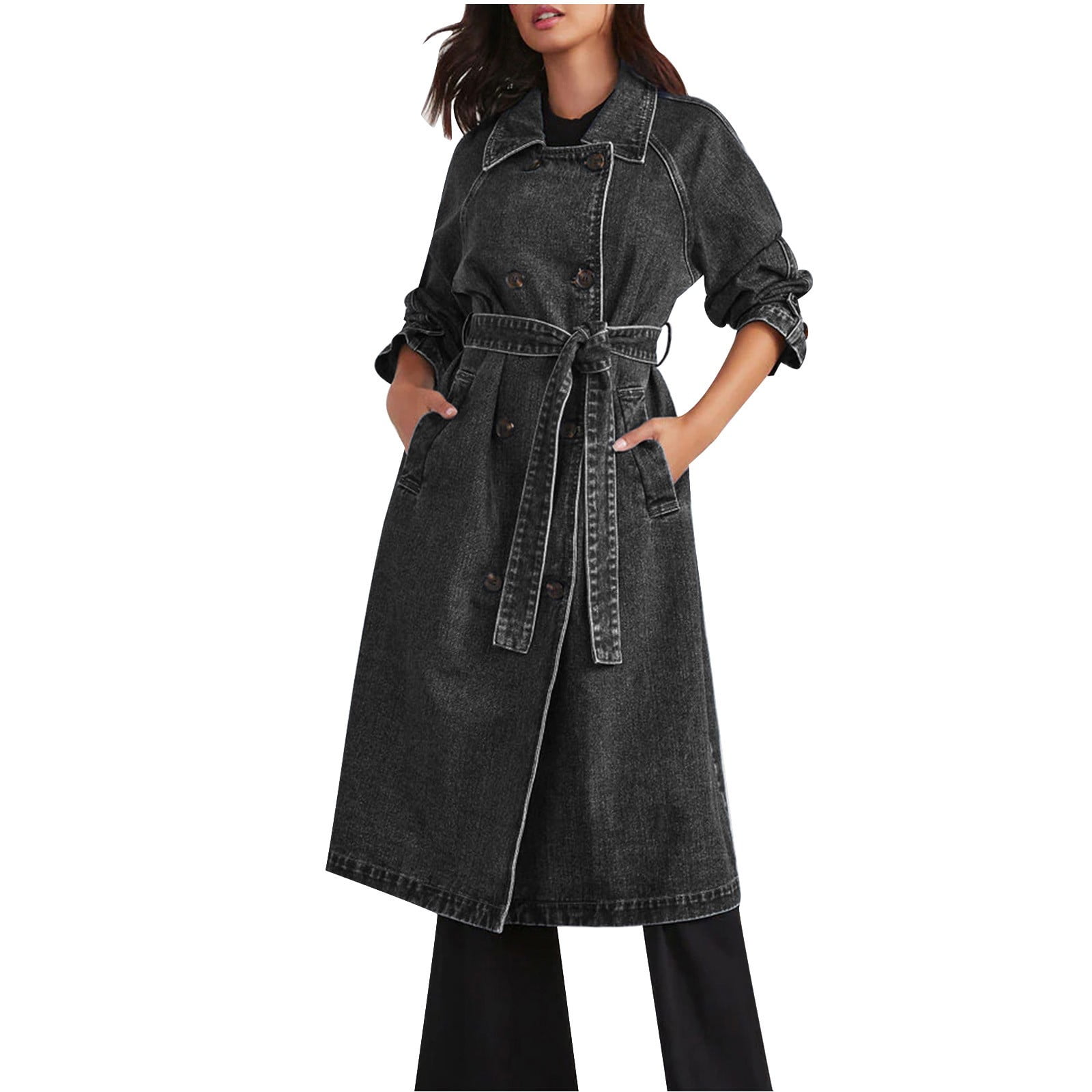 Black Tie Knot Plain Casual Jacket for Women Fall Winter Spandex Long ...