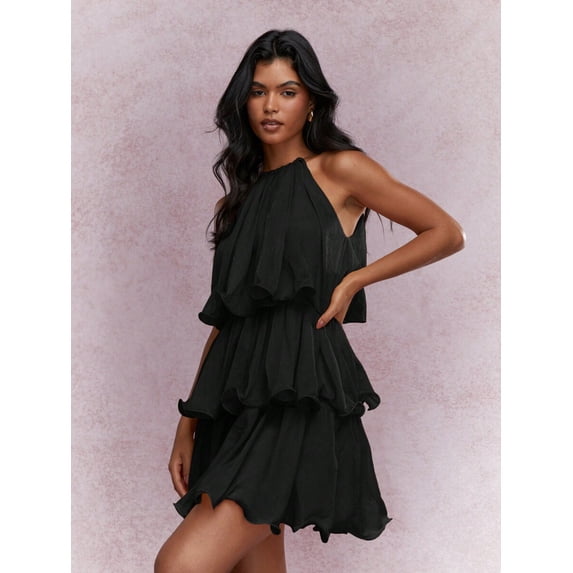 Black Tiered Ruffle Halter Neck Mini Dress For Spring Summer Wedding ...