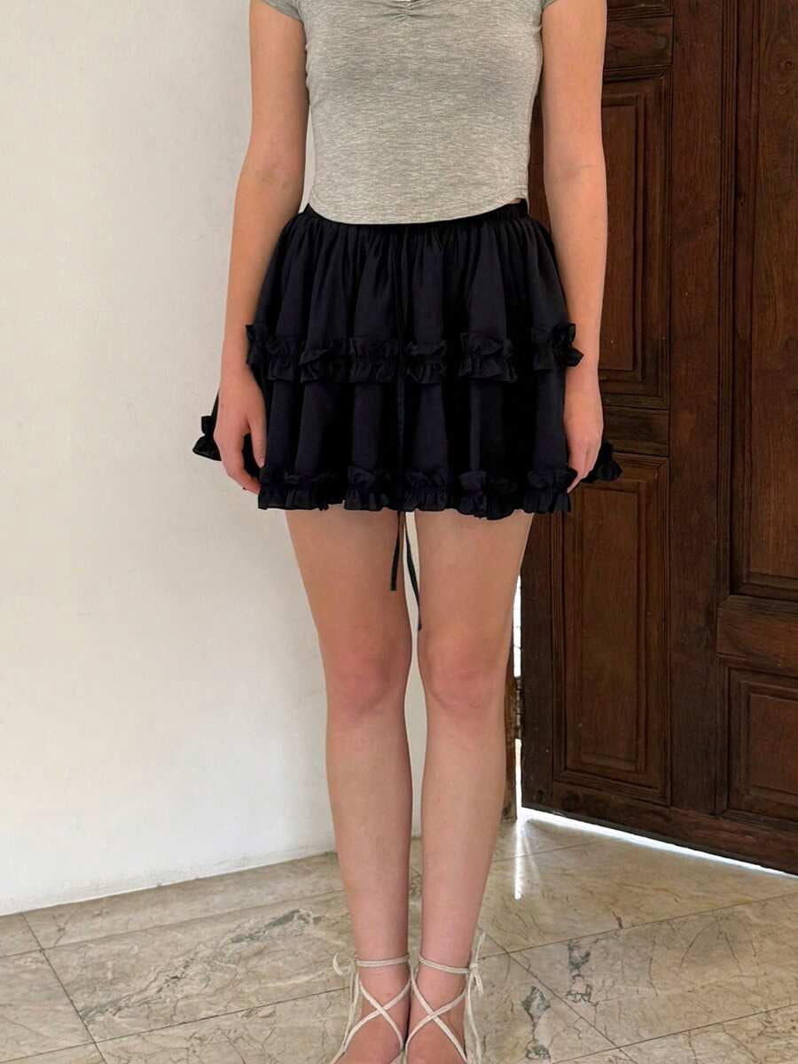 Black Tiered Ruffle Mini Skirt For Women, A-Line Casual Streetwear ...