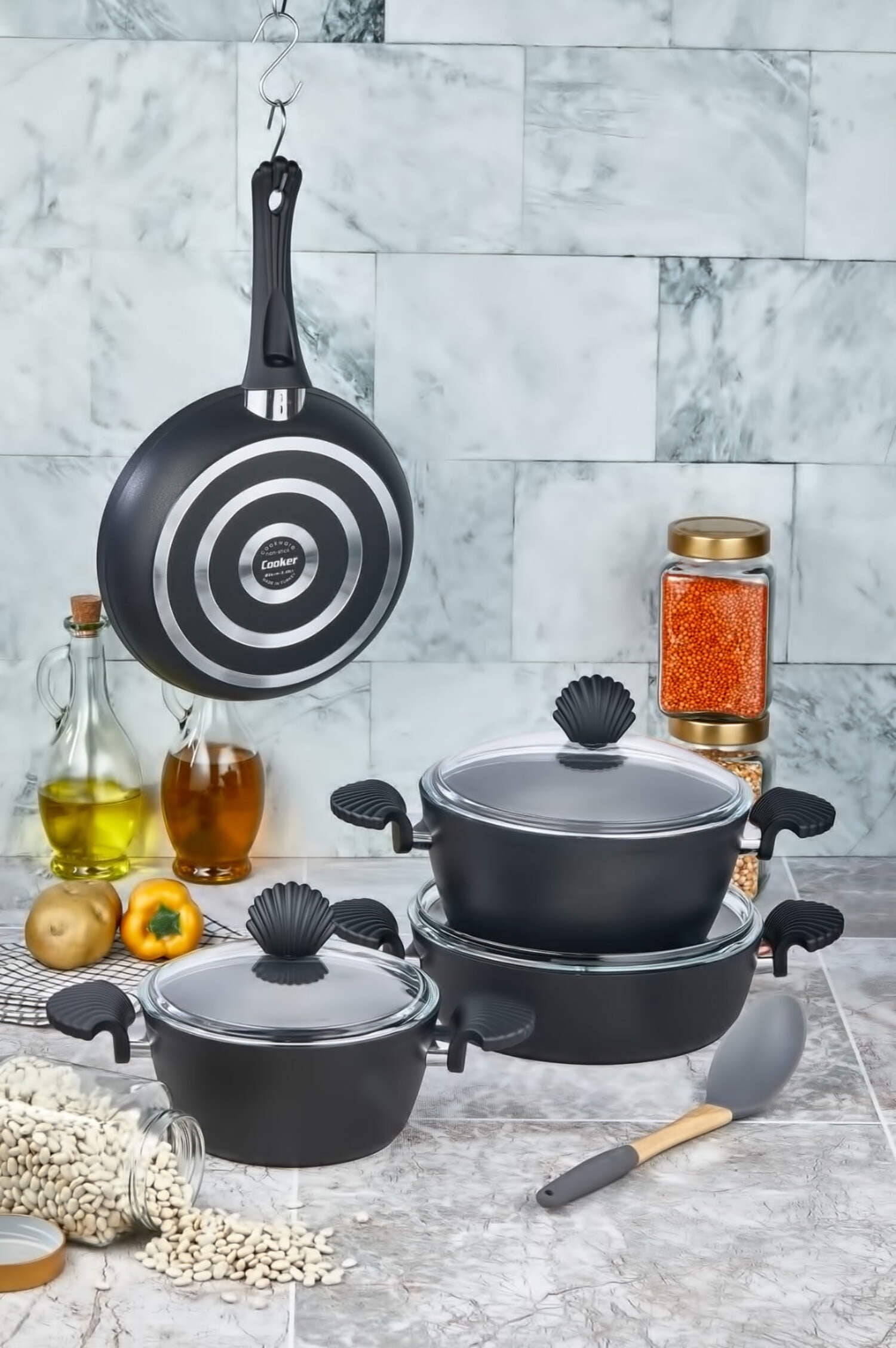 Black Titanium Cookware Set with Seashell Handles 7 Piece - Walmart.com