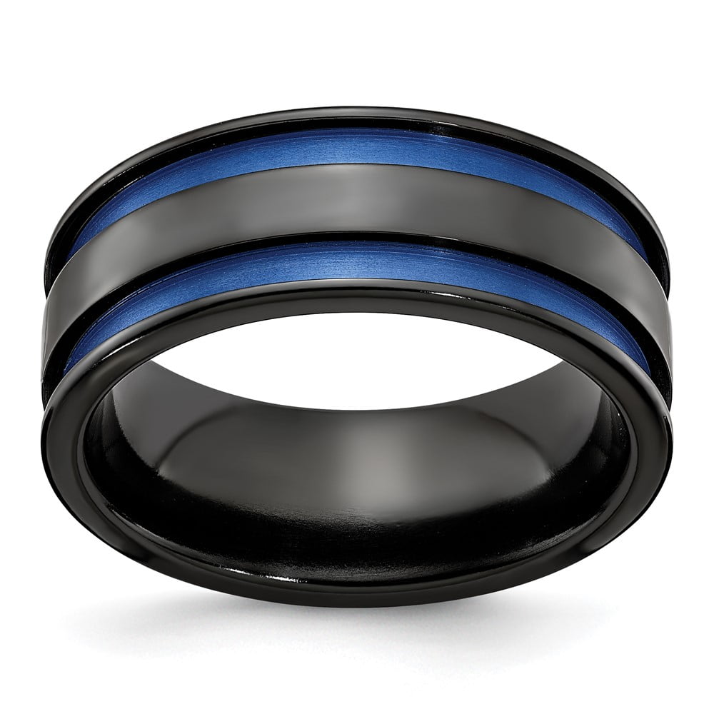 Black Titanium Grooved Blue Anodized 8.5mm Bridal Engagement Wedding ...