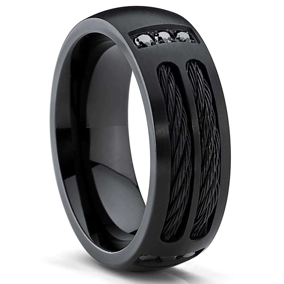 Black Titanium Mens Ring Simulated Diamond Band Steel Cables Black ...