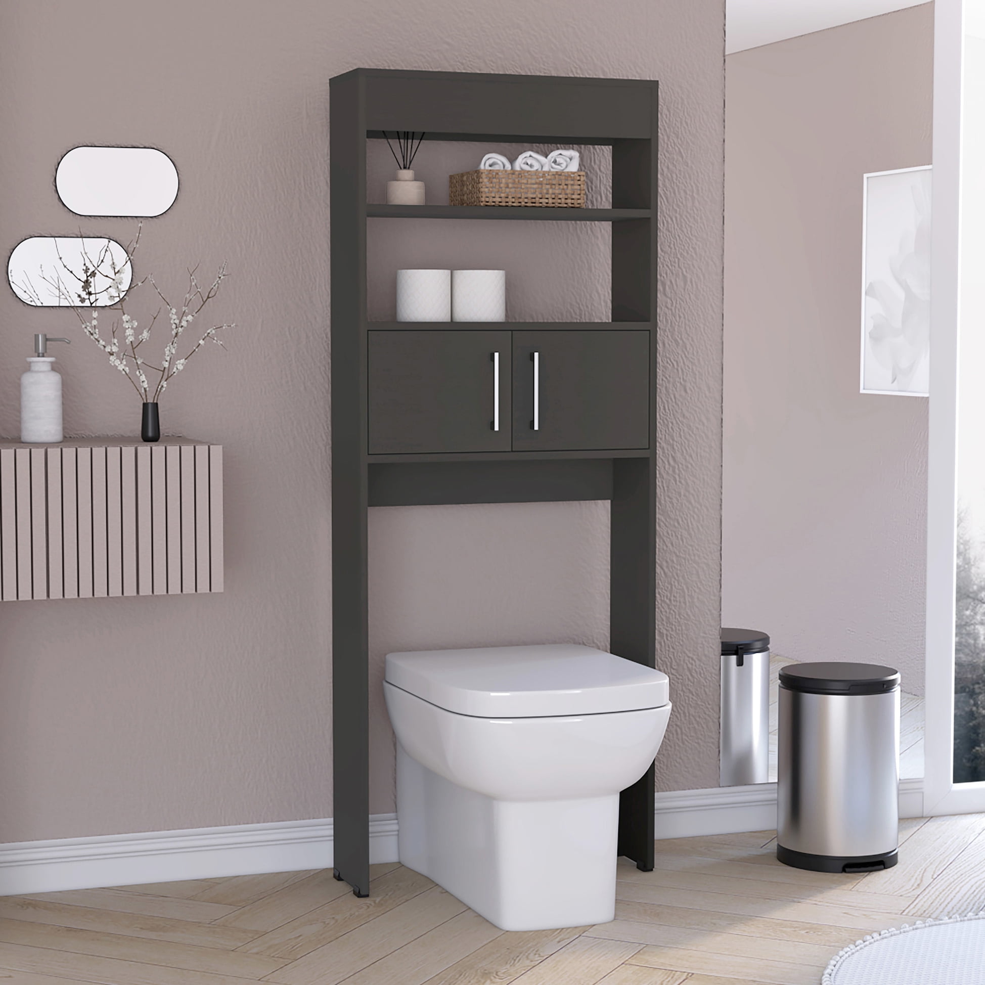 Black Over Toilet Shelf Unit, Double Door & 2 Shelves, Particle Board ...