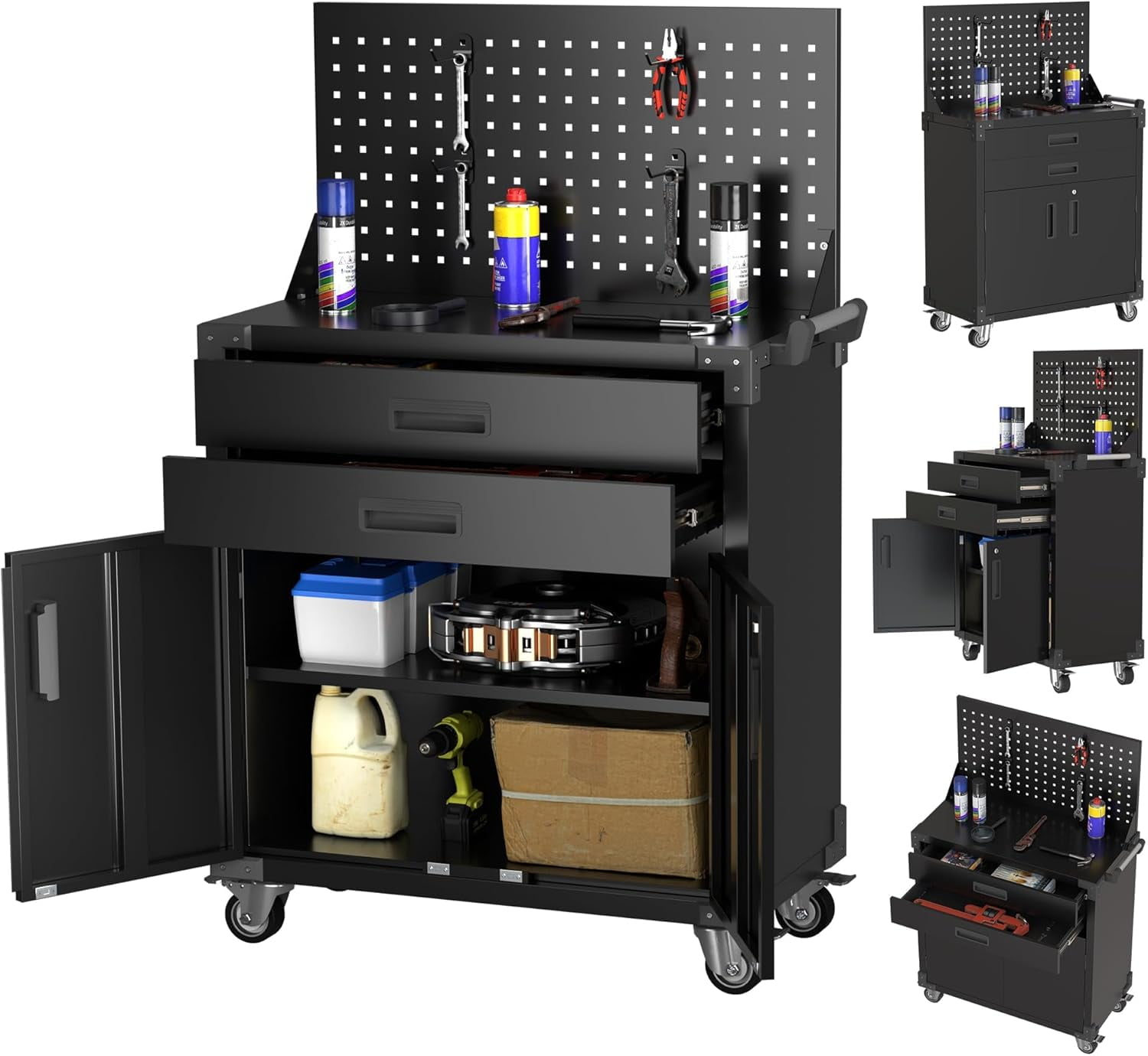 Black Tool Cart with Pegboard and 4 Hooks Garage Storage Cabinet on ...