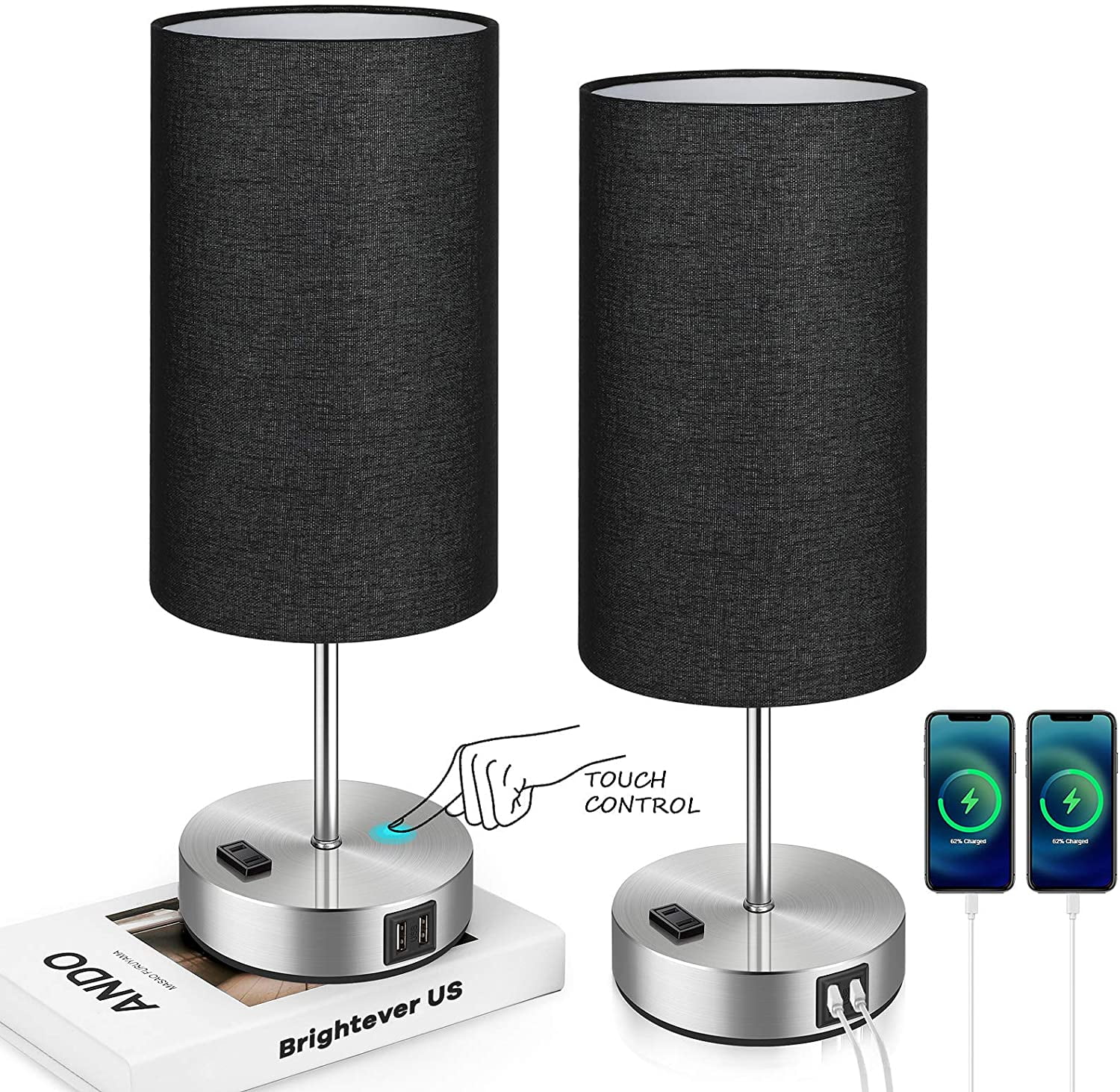 Black Touch Control Table Lamp Set of 2, with 2 USB Charging Ports&AC Outlet, 3-Way Dimmable ...