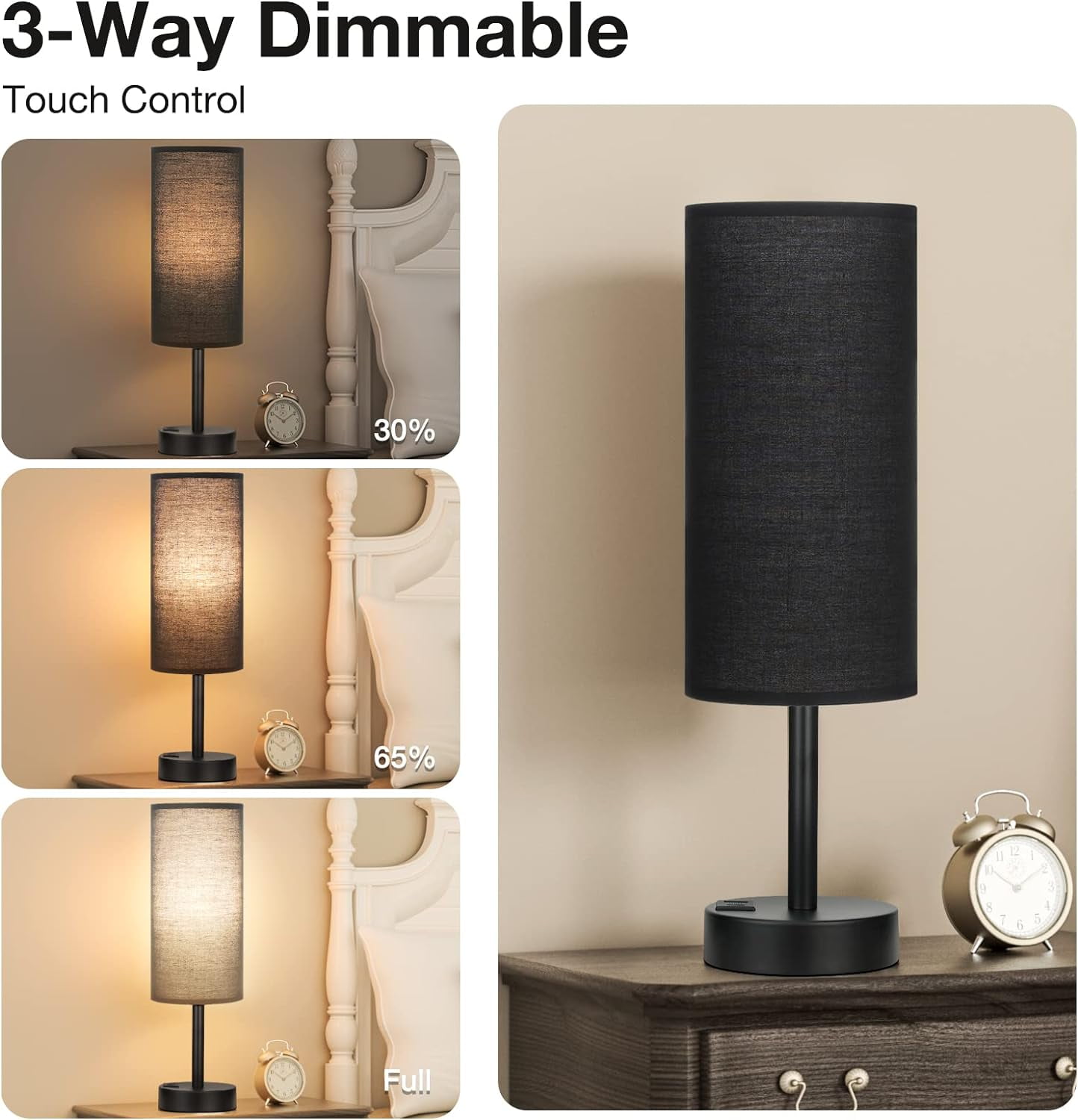 Black Touch Nightstand Lamps for Girl - Small Bedside Lamp with USB-C ...