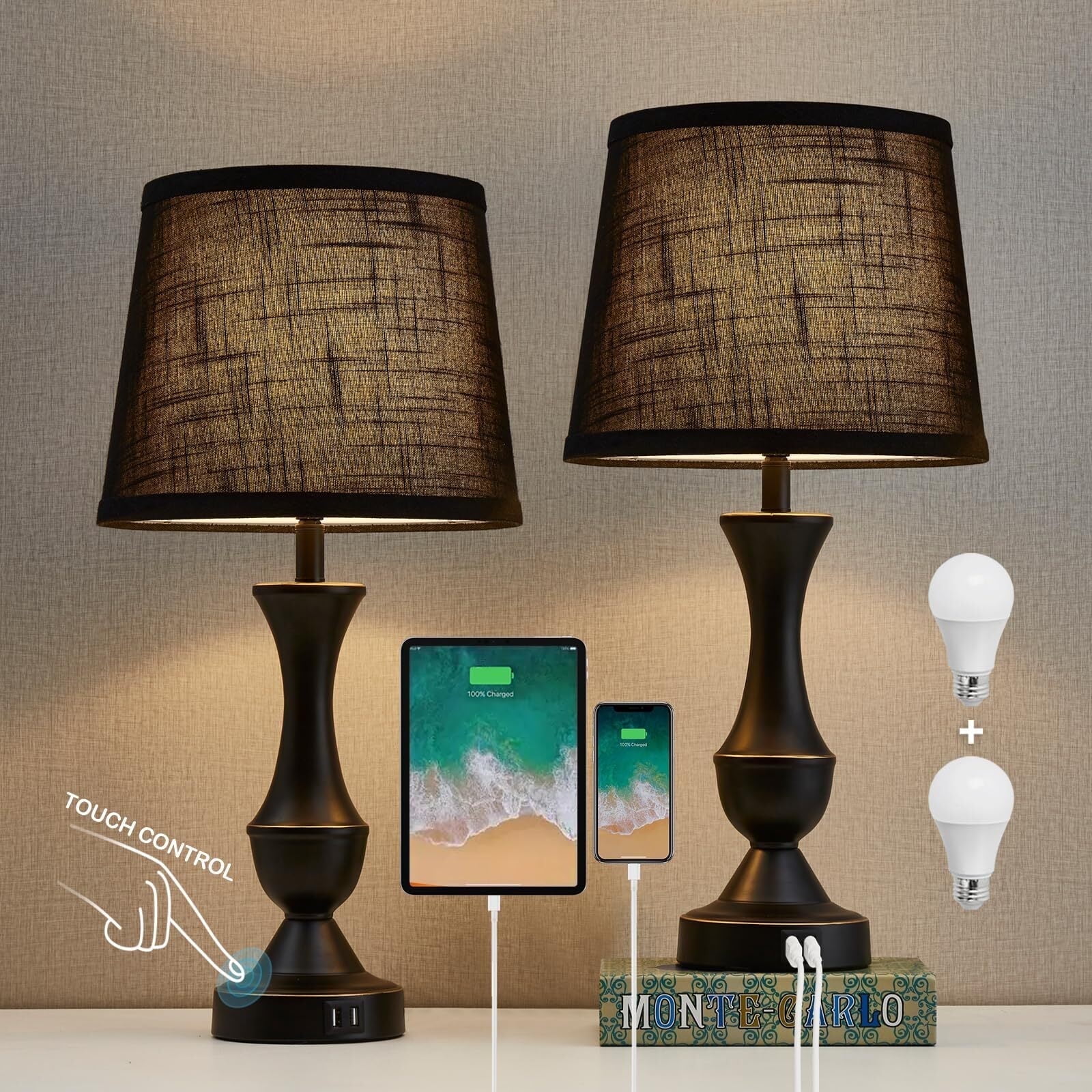 Black Touch Table Lamps Set of 2, 22" Tall Bedside Lamps with USB C+A ...