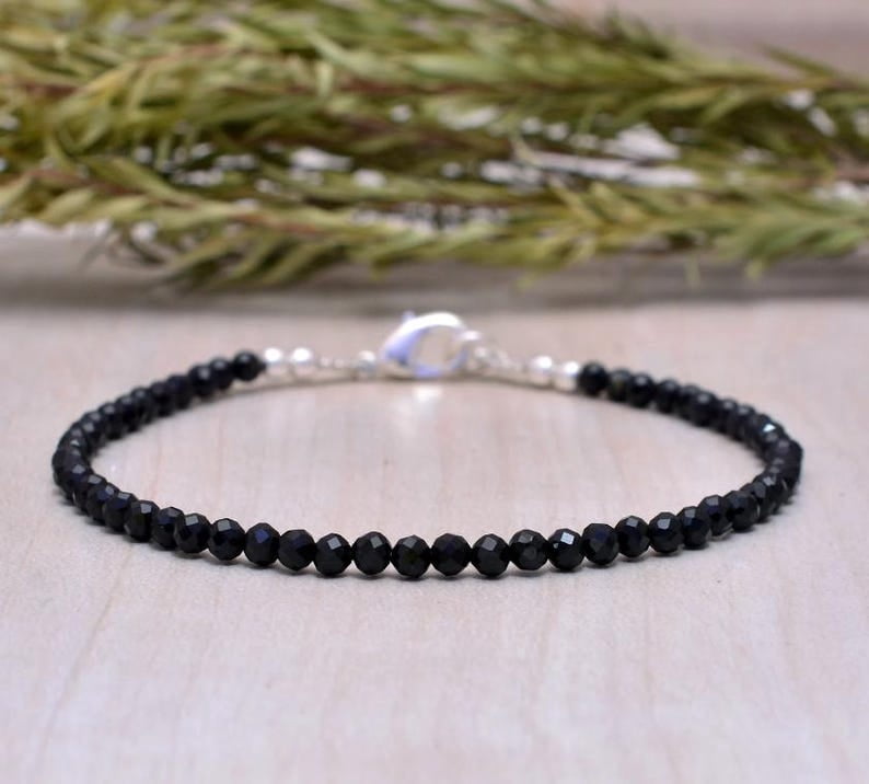 Black Tourmaline 3.5mm Round Shape Faceted Cut Beads 7 inch adjustable ...