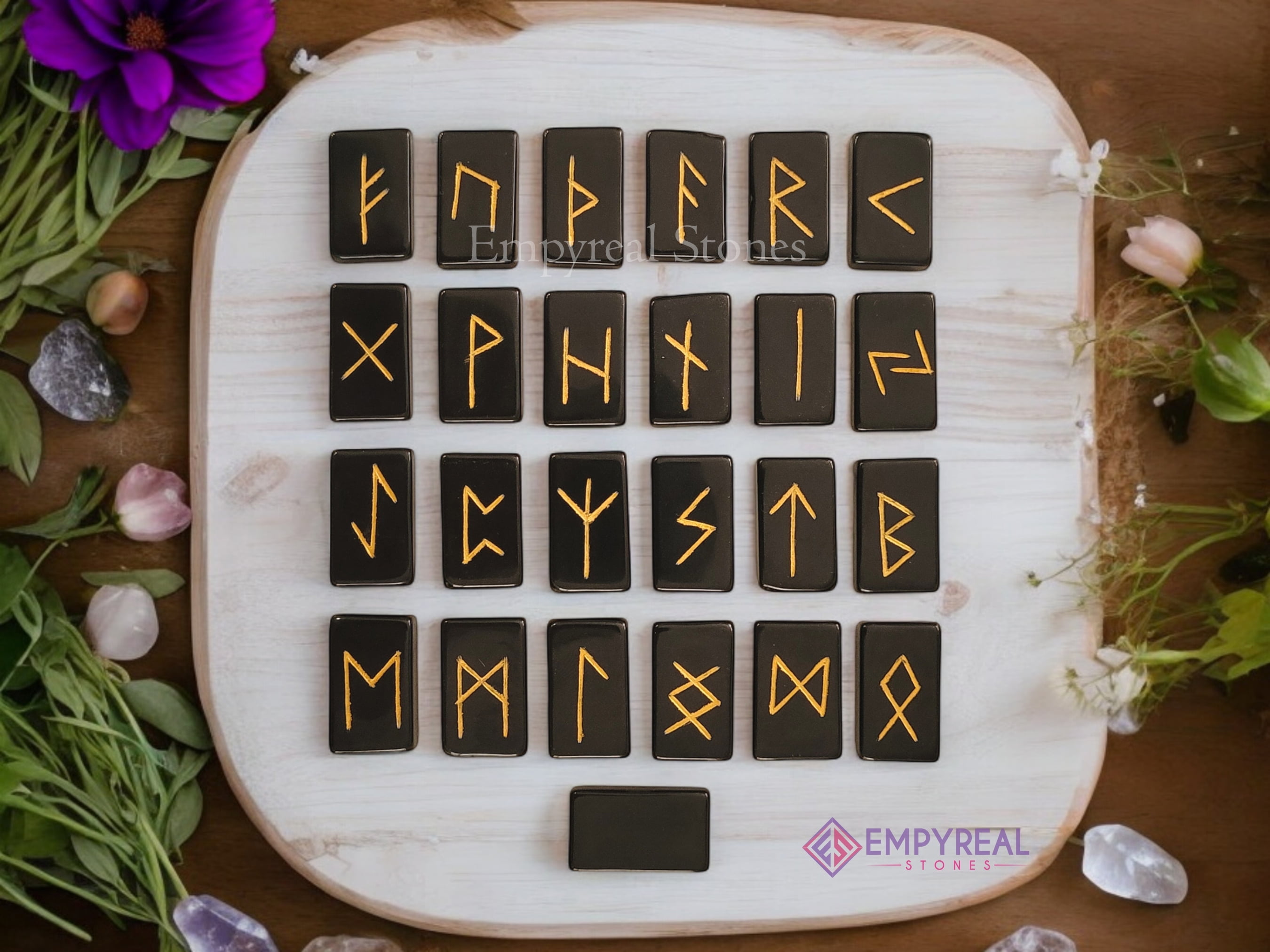 Black Tourmaline Runes Crystal Rune Stones Set Elder futhark Viking ...