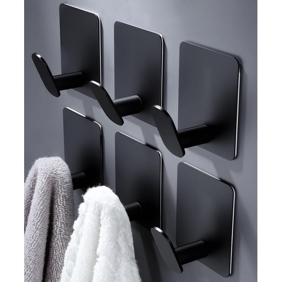 Black Towel Hooks 6 Pack, Stainless Steel Self Adhesive Wall Hooks for ...