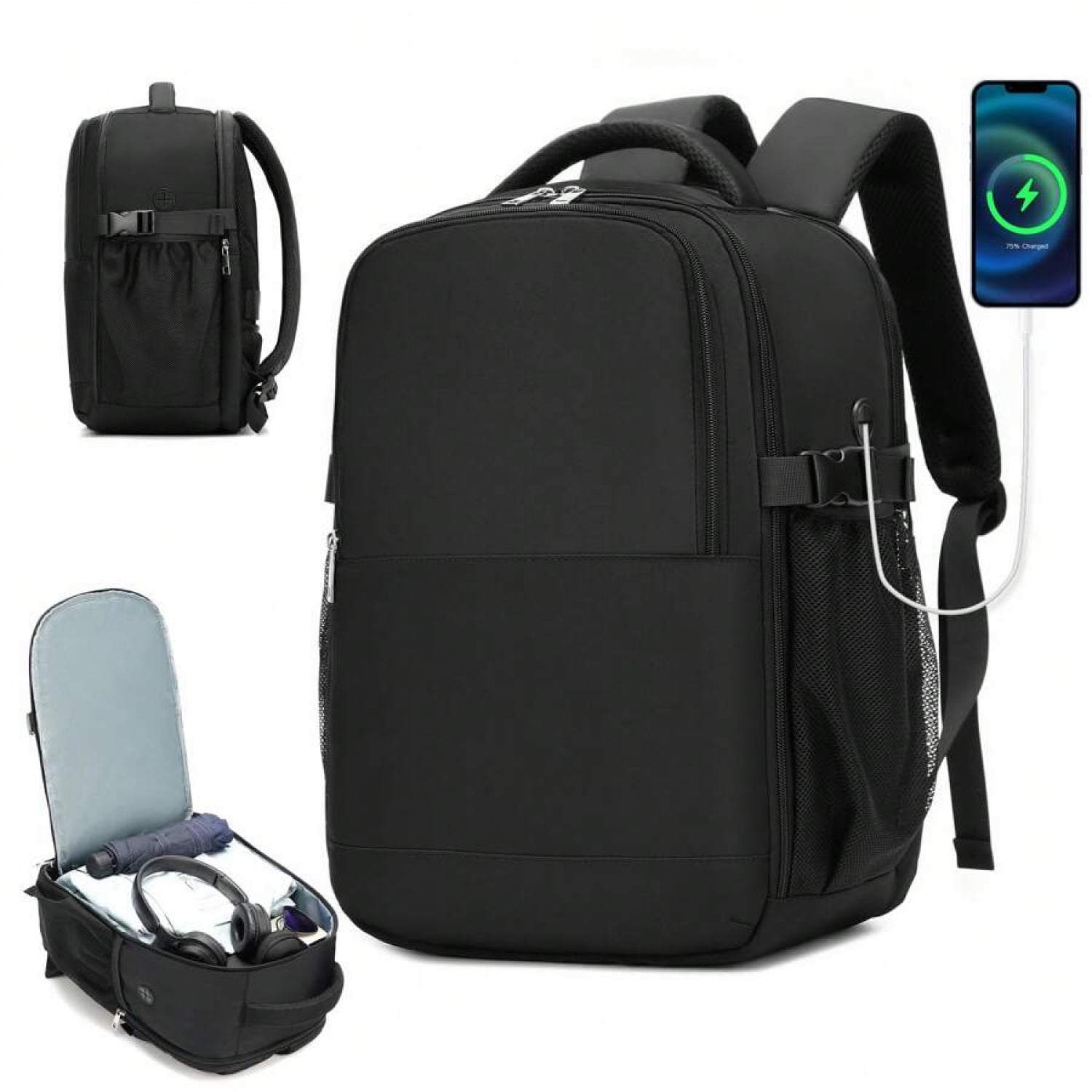 Black Travel Backpack,17-Inch Laptop Backpack With Charging Port ...