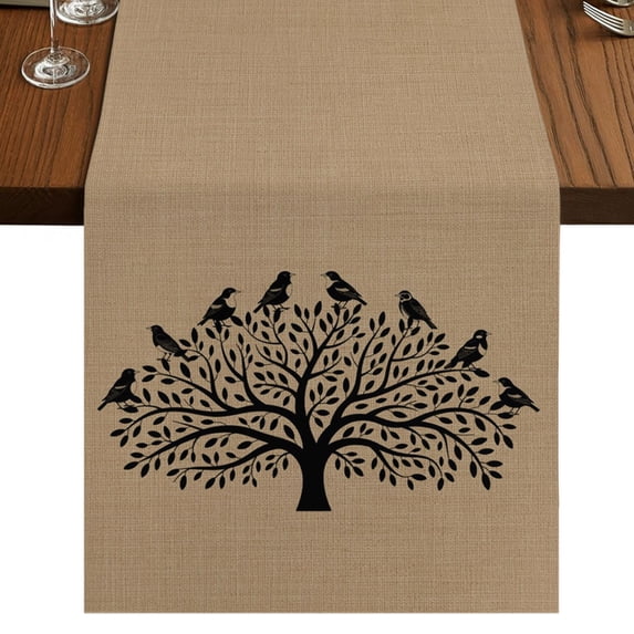 Black Tree Burlap Cotton Table Runner 13x70 Inches Long, Birds Vintage ...