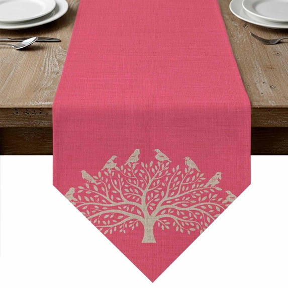 Black Tree Table Runner Linen Burlap Table Runner 108 Inches Long Birds ...
