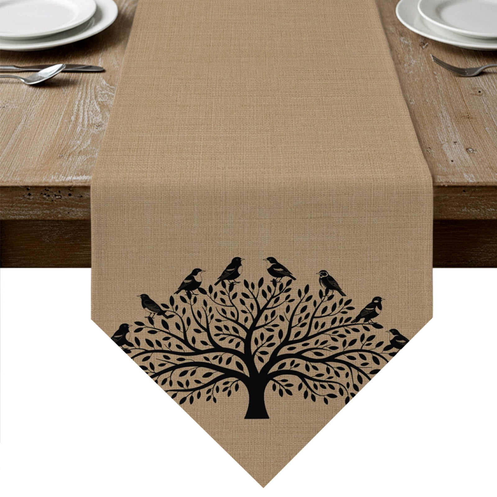 Black Tree Table Runner Linen Burlap Table Runner 36 Inches Small Birds ...