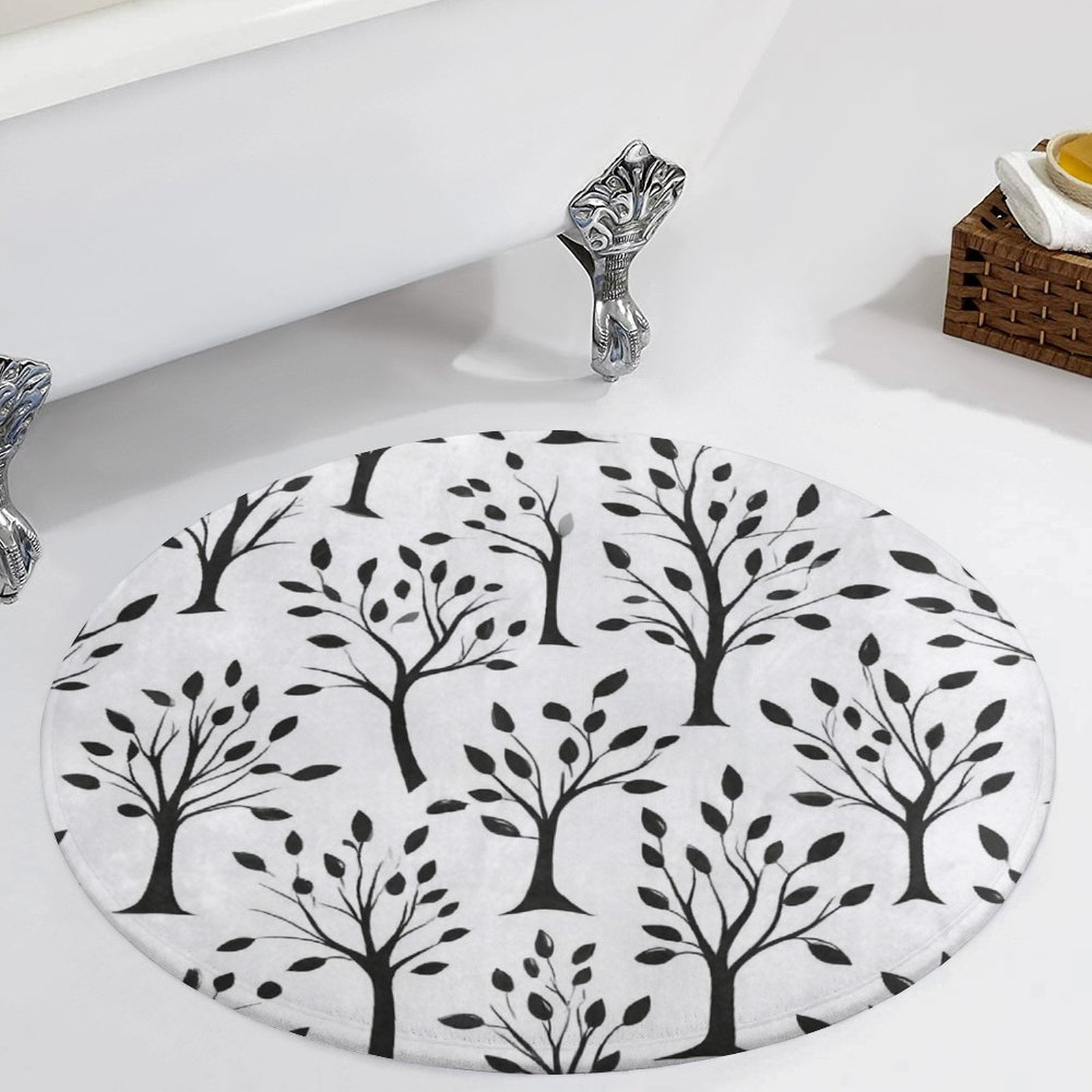 Black Trees White Background Seamless Pattern Round Carpet Circle Rug ...