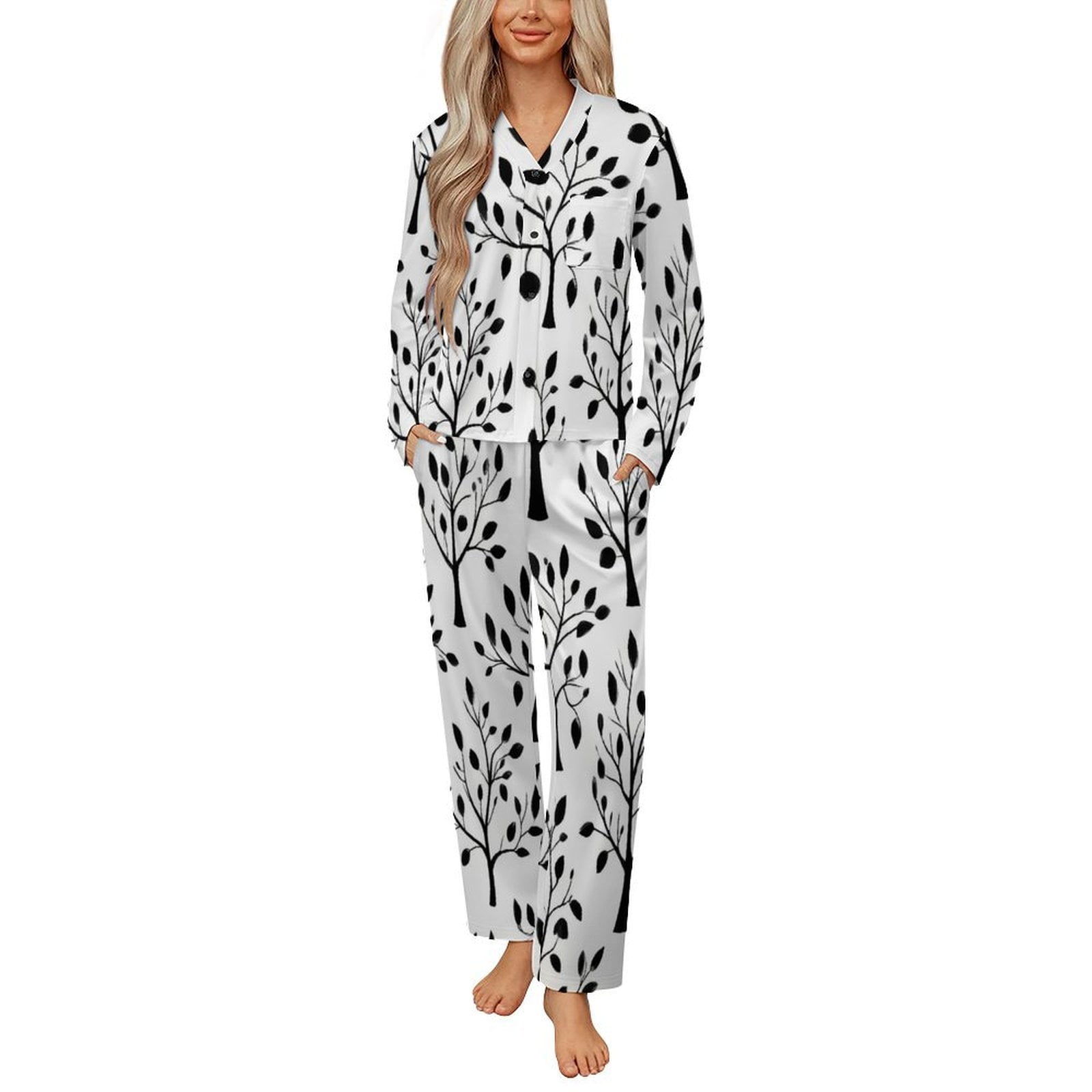 Black Trees White Background Seamless Pattern Womens Pyjamas Set Button ...