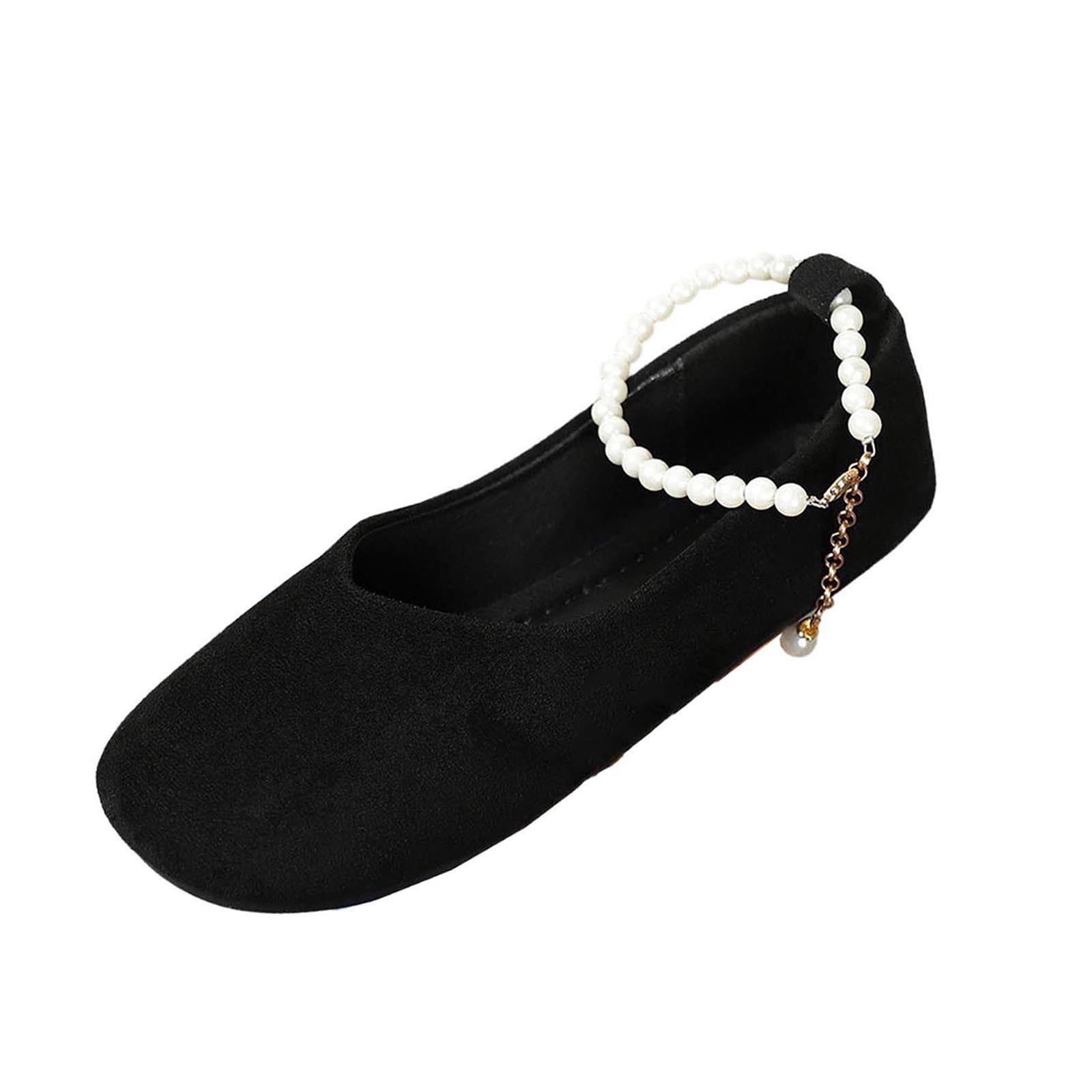 Black Trendy Pearl Buckle Round Toe Flats With Flexible Sole For Ladies ...