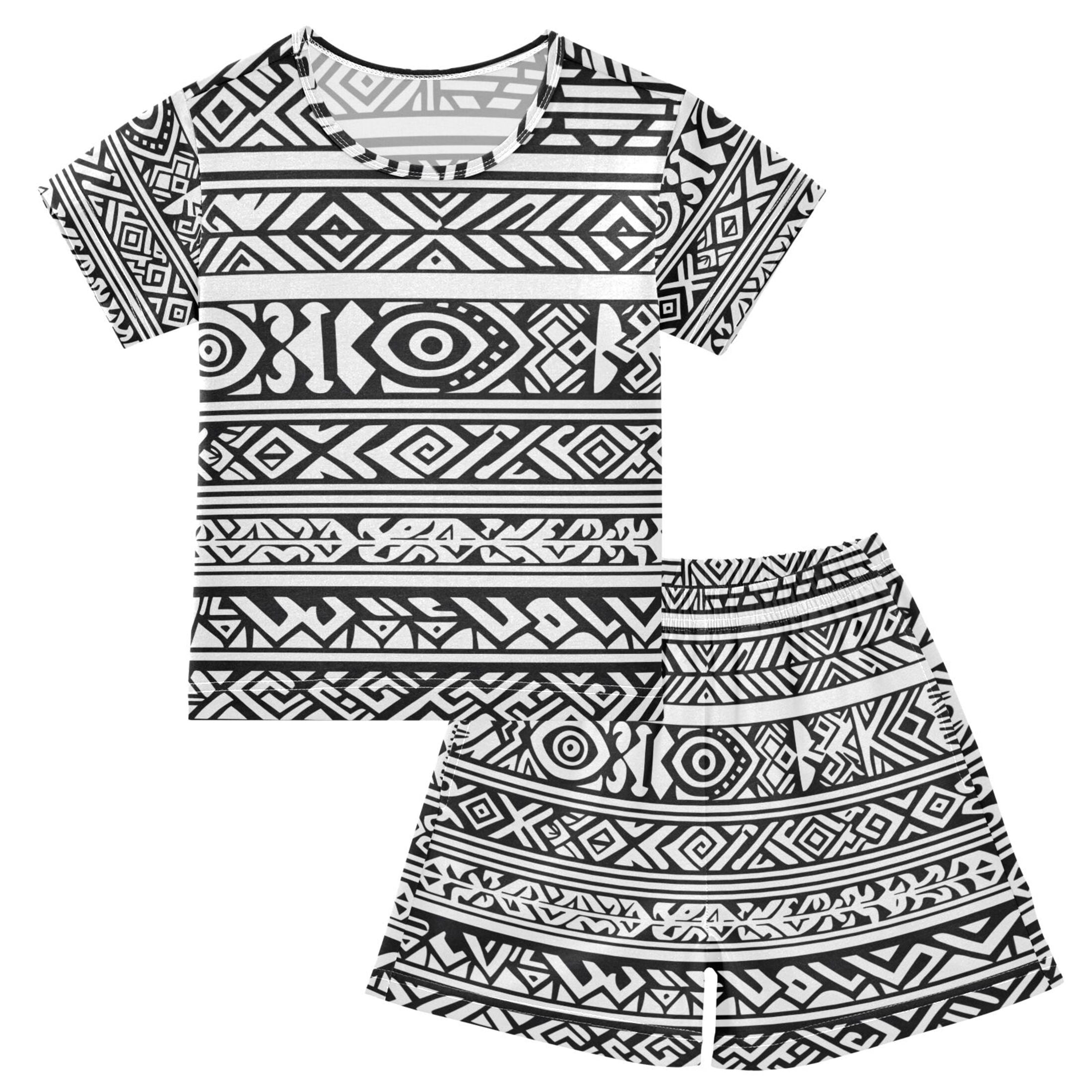 Black Tribal Pattern Summer Pajama Set Soft Cotton Short Sleeve ...