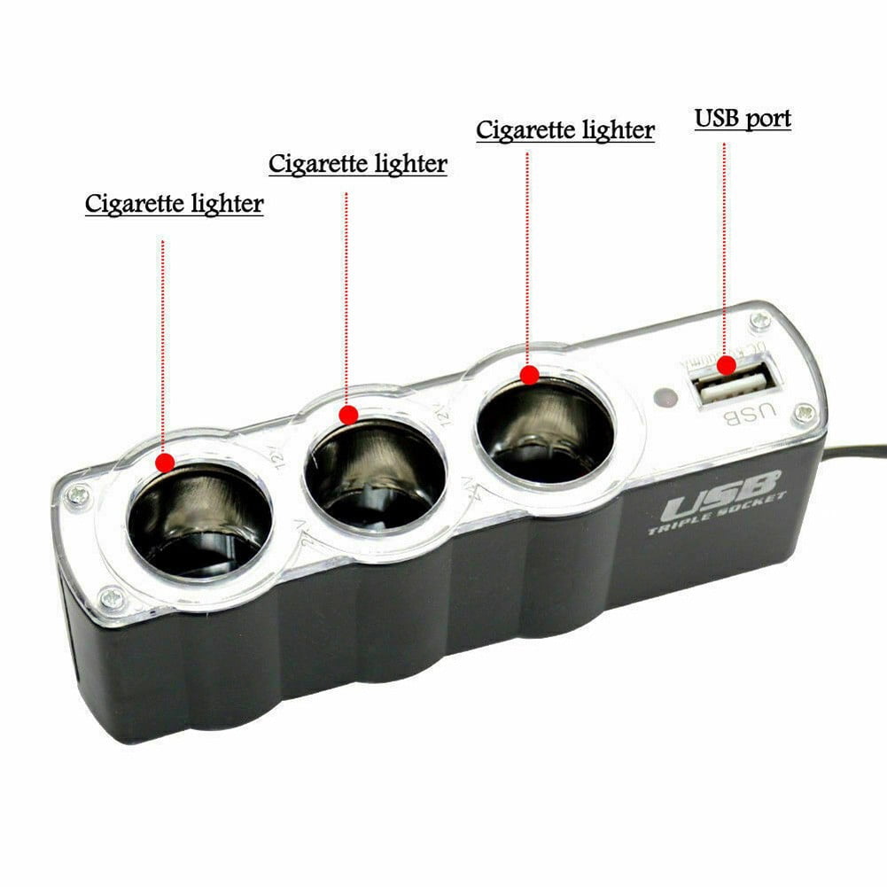 Black Triple 3 Way Car 12V Lighter Socket Splitter Usb Charger Power ...