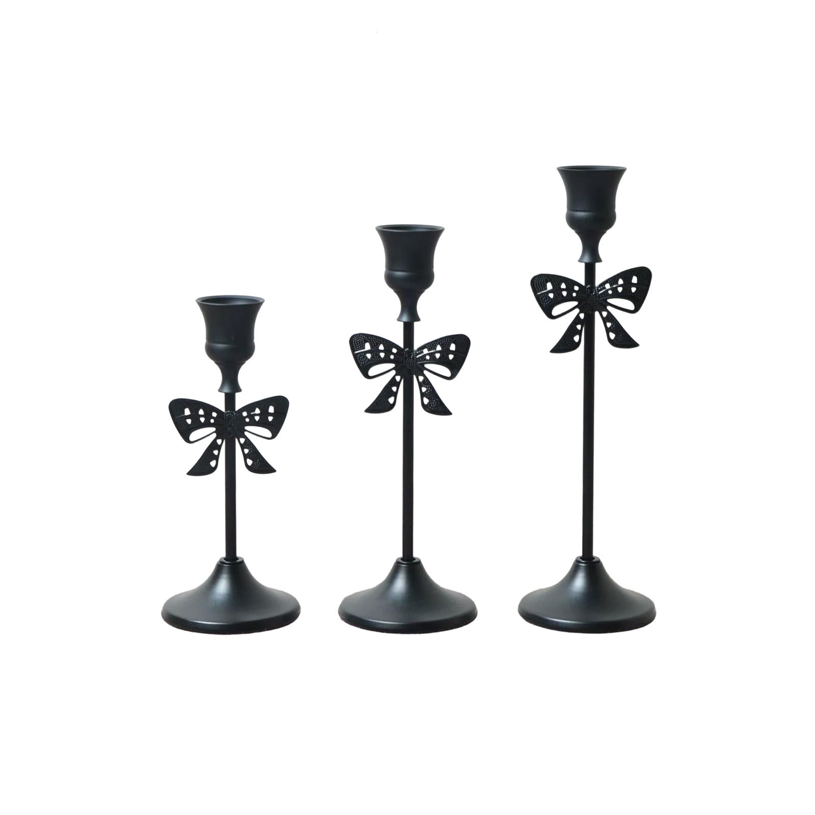Black Triple Candle Holder Set In Black Finish With Bow Design For ...