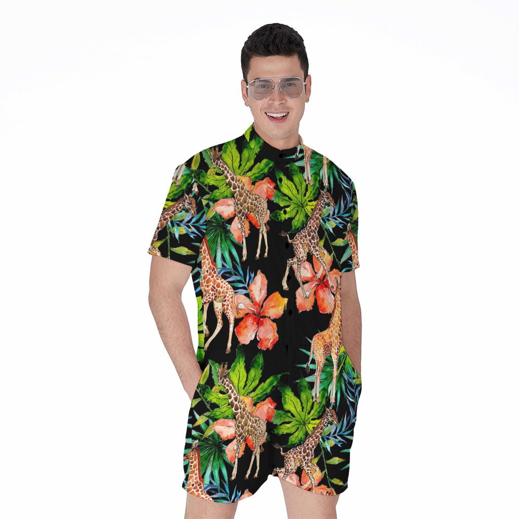 Black Tropical Giraffe Pattern Short Sleeve Men'S Rompers, Aloha ...