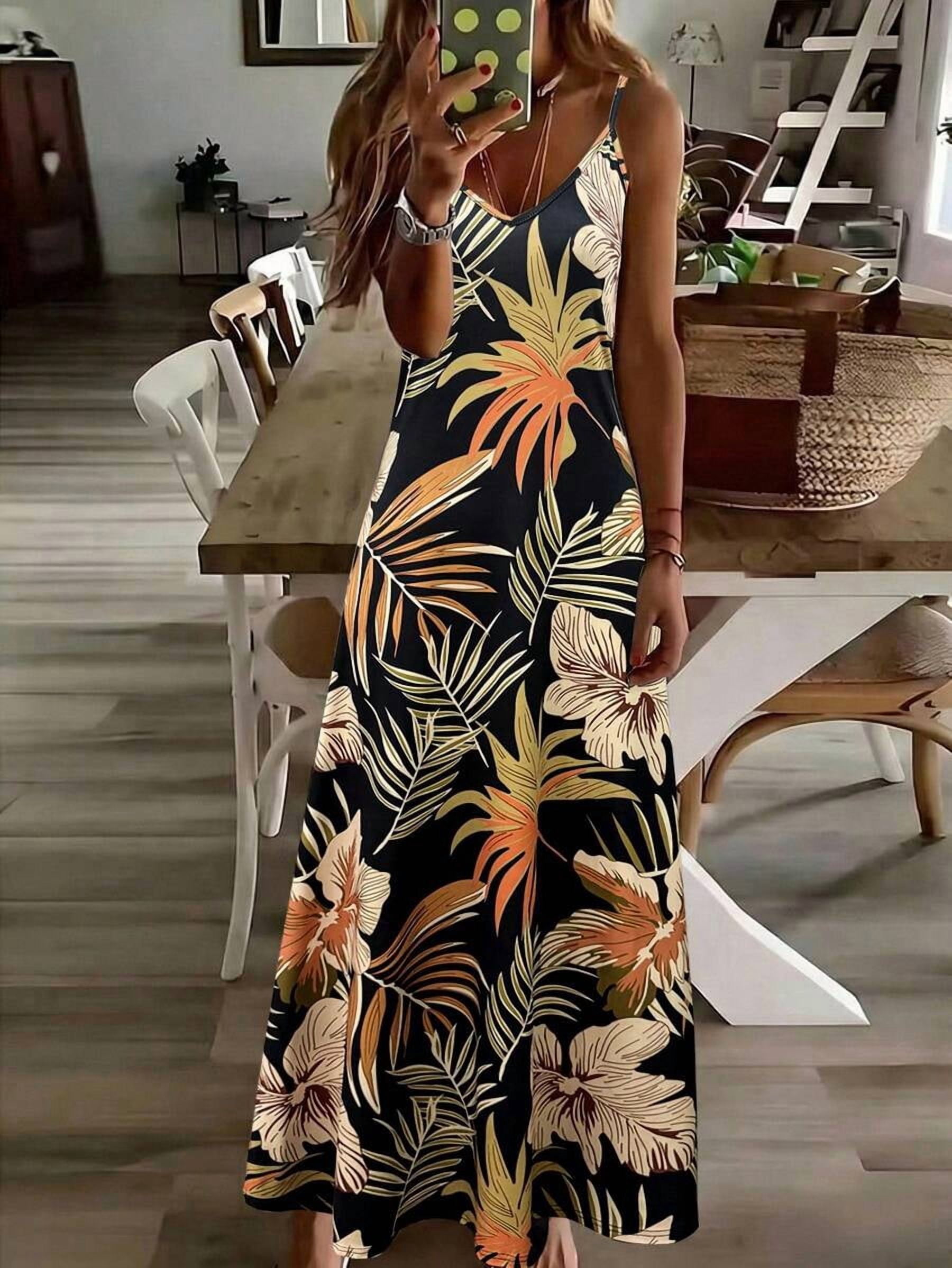 Black Tropical Leaf Print V-Neck Sleeveless Maxi Dress For Women ...