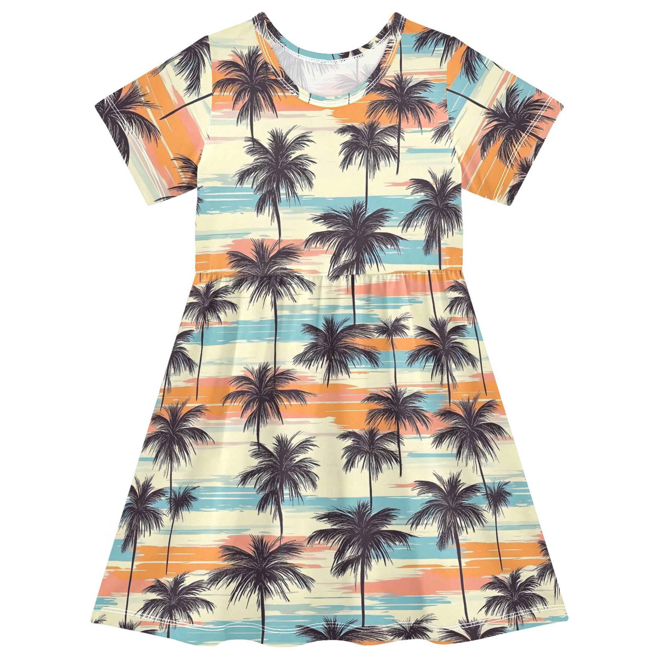 Black Tropical Palm Tree Short Sleeve Dress A-Line Cute Midi Casual ...