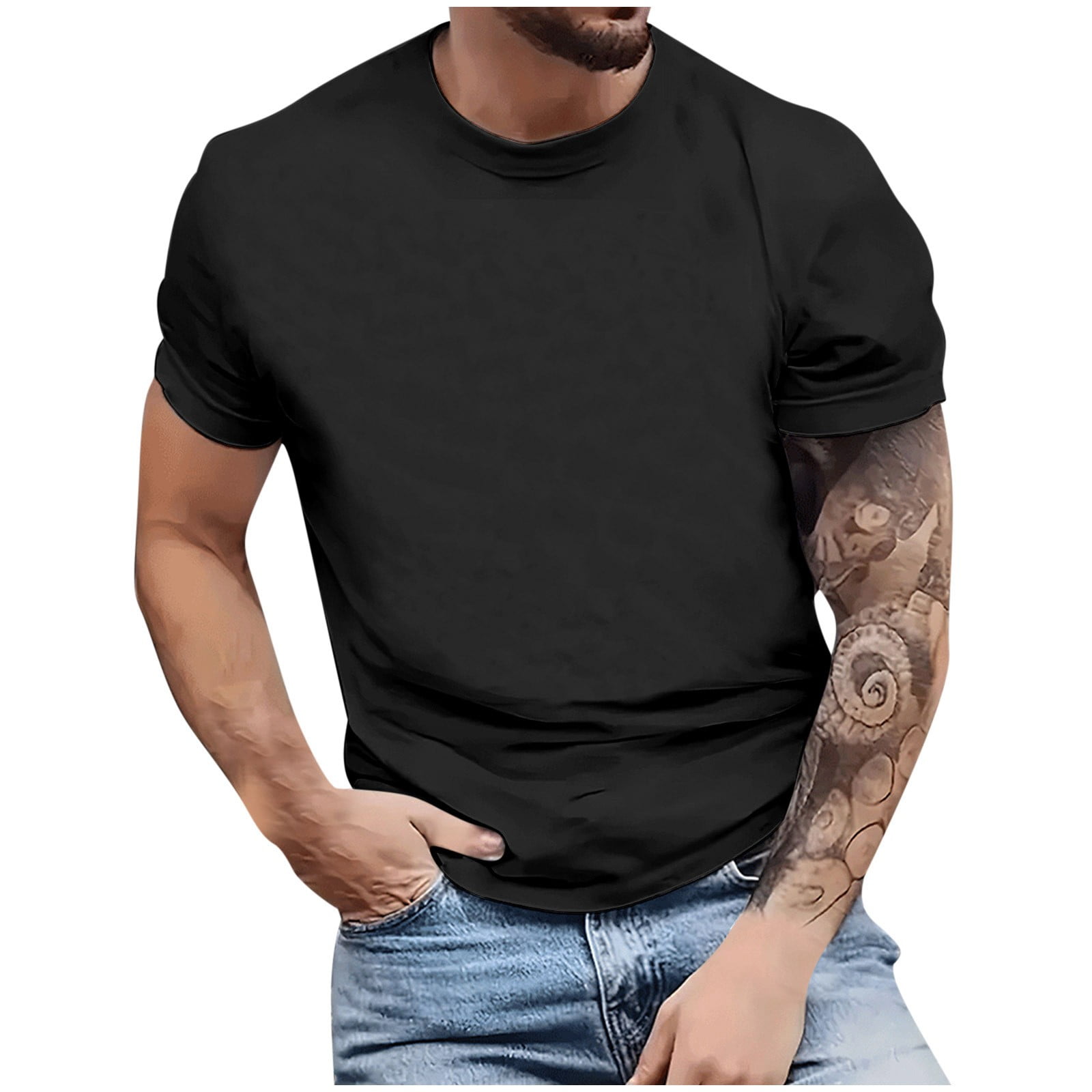 Black Tshirt Mens Banded Collar Shirts Short Sleeve Basic Tops Men ...