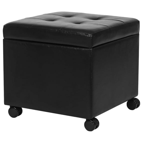 Black Tufted Faux Leather Storage Ottoman Square Cube Foot Rest Stool ...