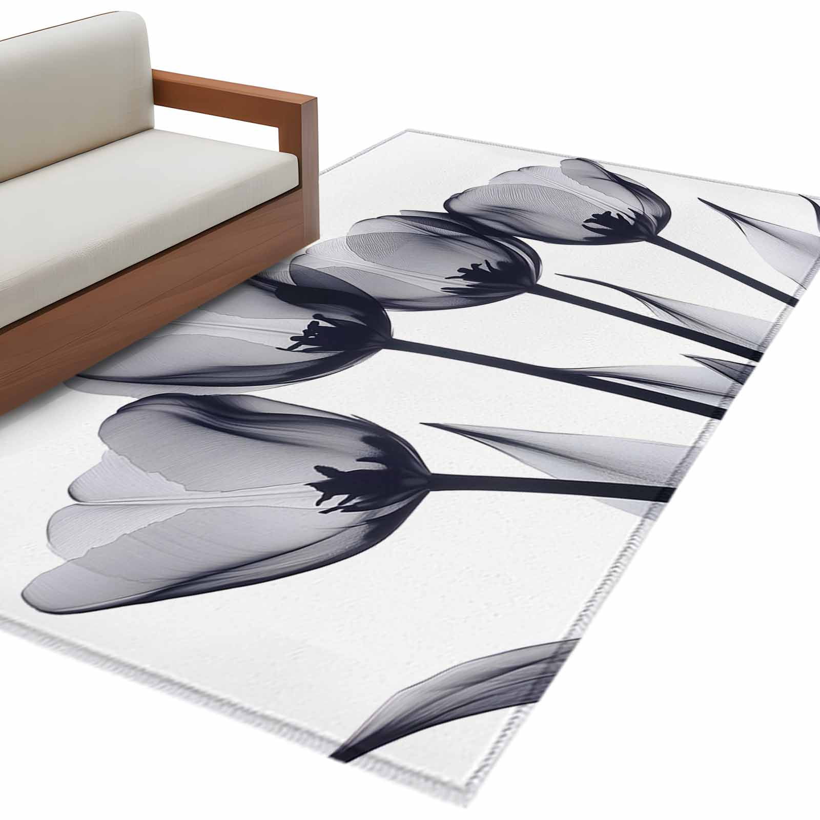 Black Tulip Area Rug 4x6ft Transparent Flowers Non-Slip Washable Square ...