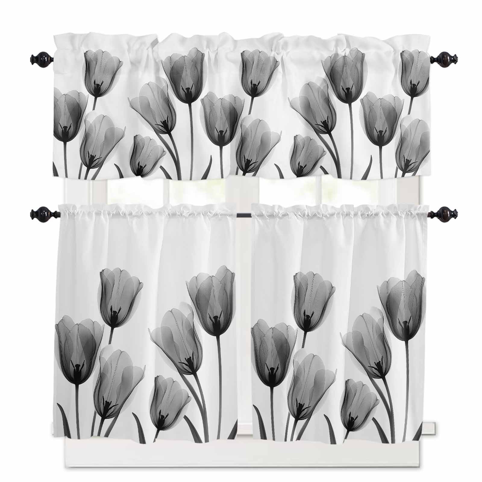 Black Tulip Kitchen Curtains Valance and Tier Set Minimalist Modern ...