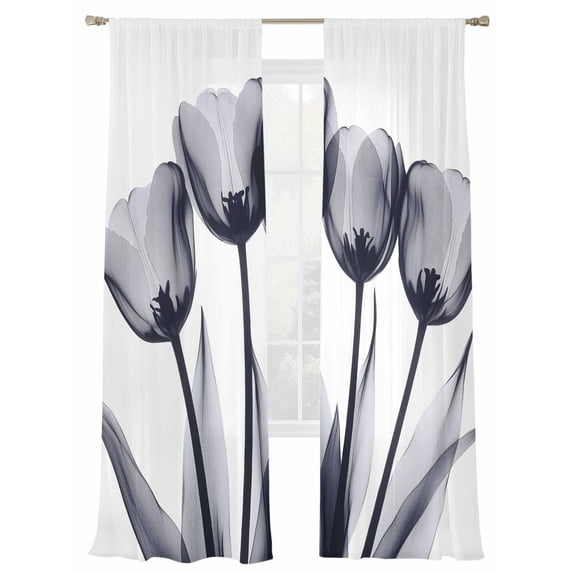 Black Tulip Sheer Curtains 2 Panels Set Transparent Flowers Sheer ...