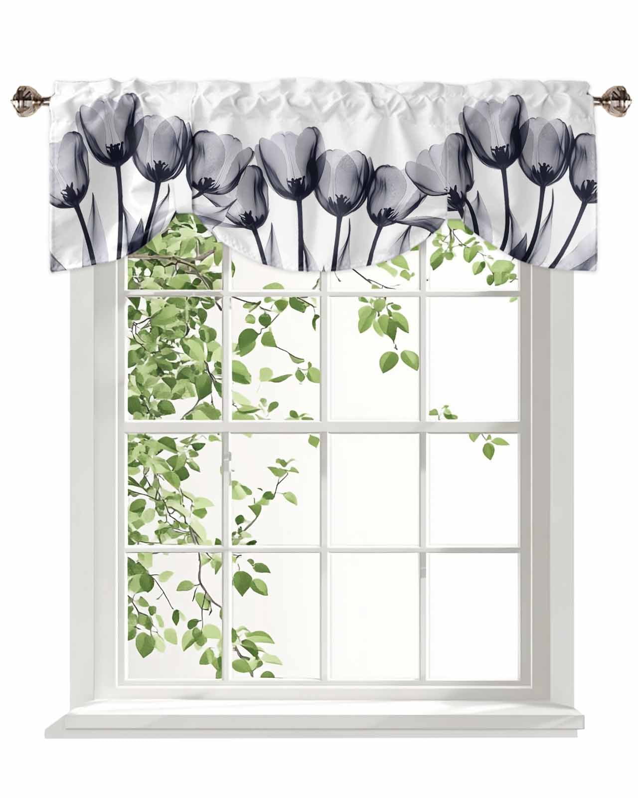 Black Tulip Tie Up Valances Curtain, Transparent Flowers Kitchen ...