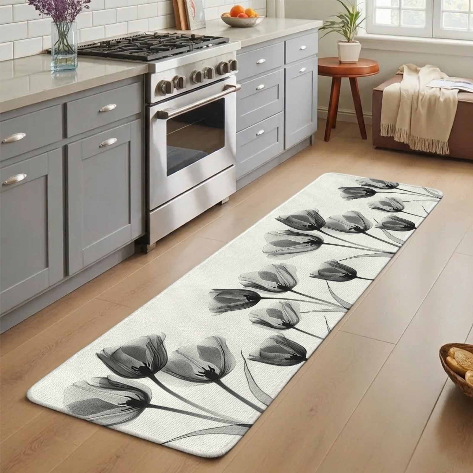 Black Tulip Washable Runner Rug 3X5 ft Minimalist Modern Flower Art ...