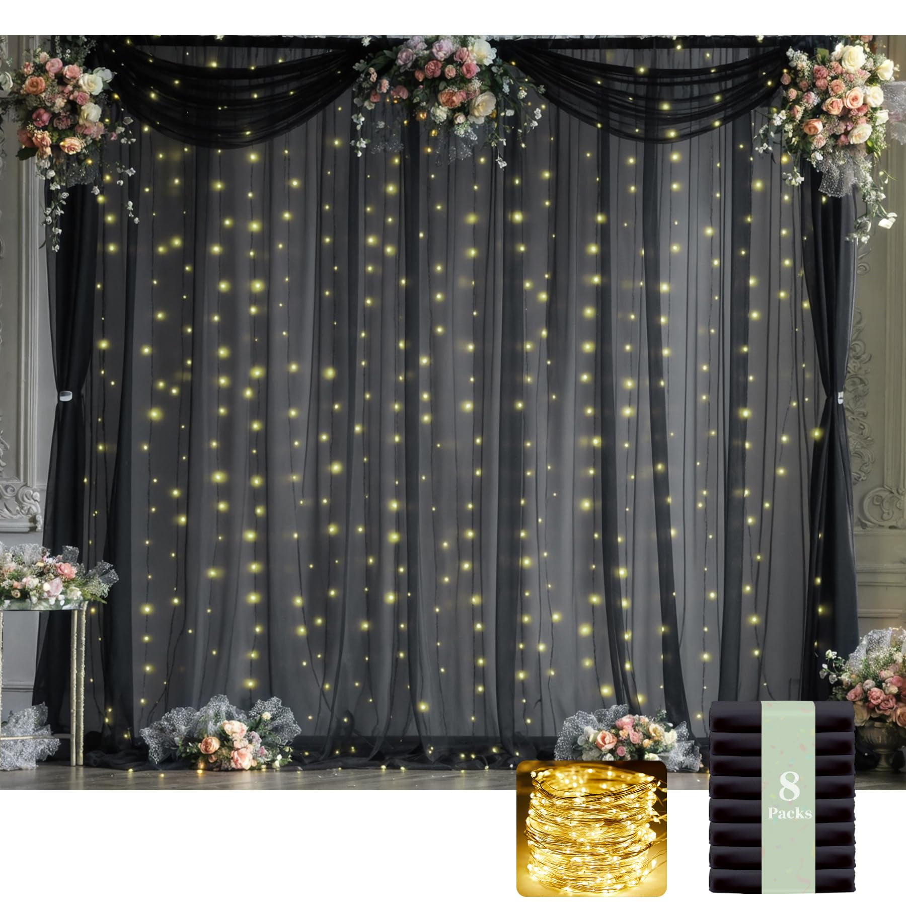 Black Tulle Backdrop Curtain with Lights String for Parites 40ft×10ft ...