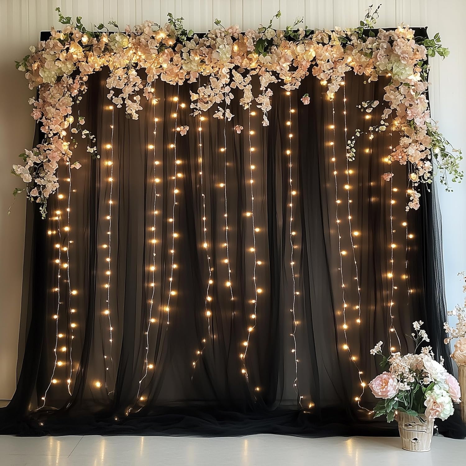 Black Tulle Backdrop Curtains with Lights String 10FT X 10FT Sheer ...