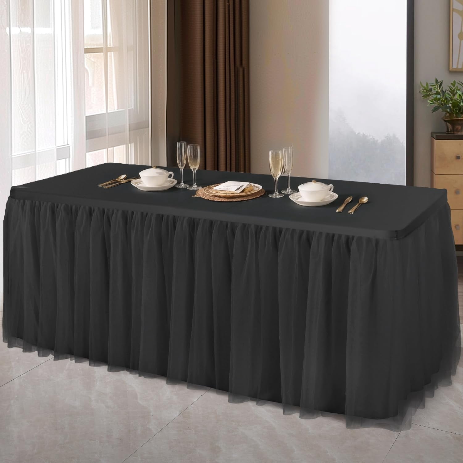 Black Tulle Table Skirt Tablecloth for 6 Foot Rectangle Tables Elastic ...