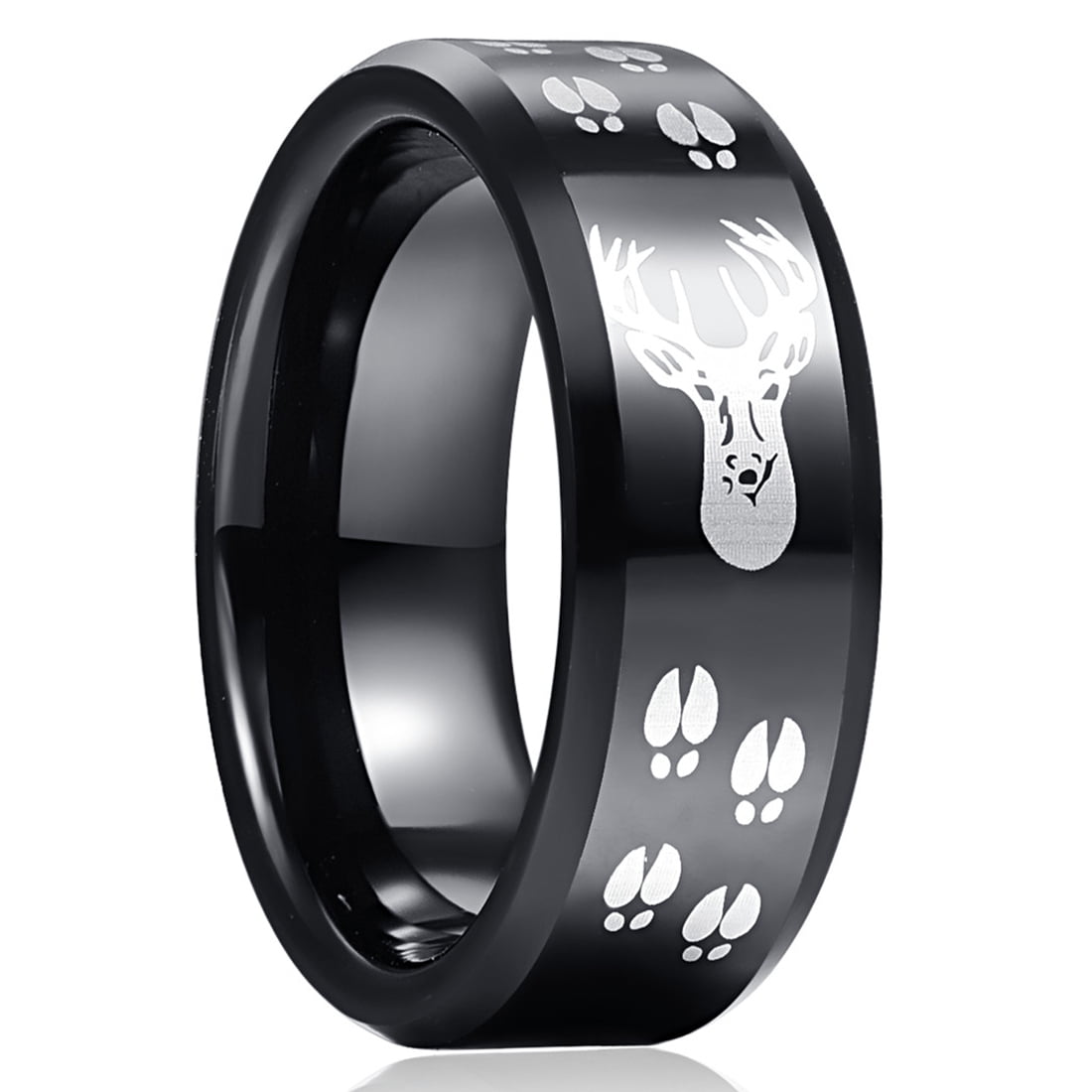 Black Tungsten Wedding Band Ring with Deer Track Pattern Mens Hunting ...