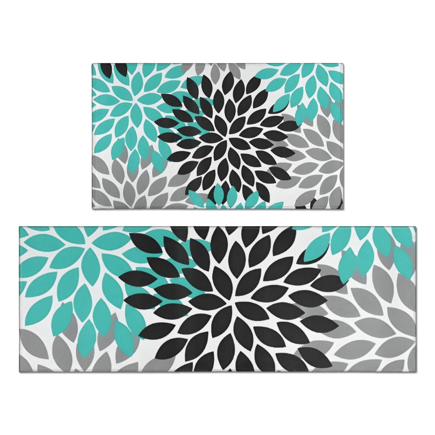 Black Turquoise and Gray Floral Pattern Kitchen Rugs Sets Of 2,Anti ...