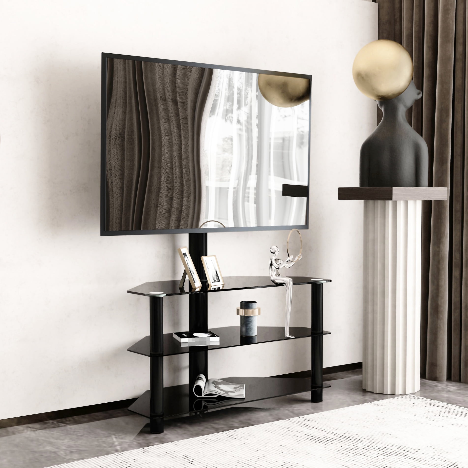 Black Tv Stand, 35.4 Inch, Adjustable Height, Swivel 3, Fits 32-65 Inch ...
