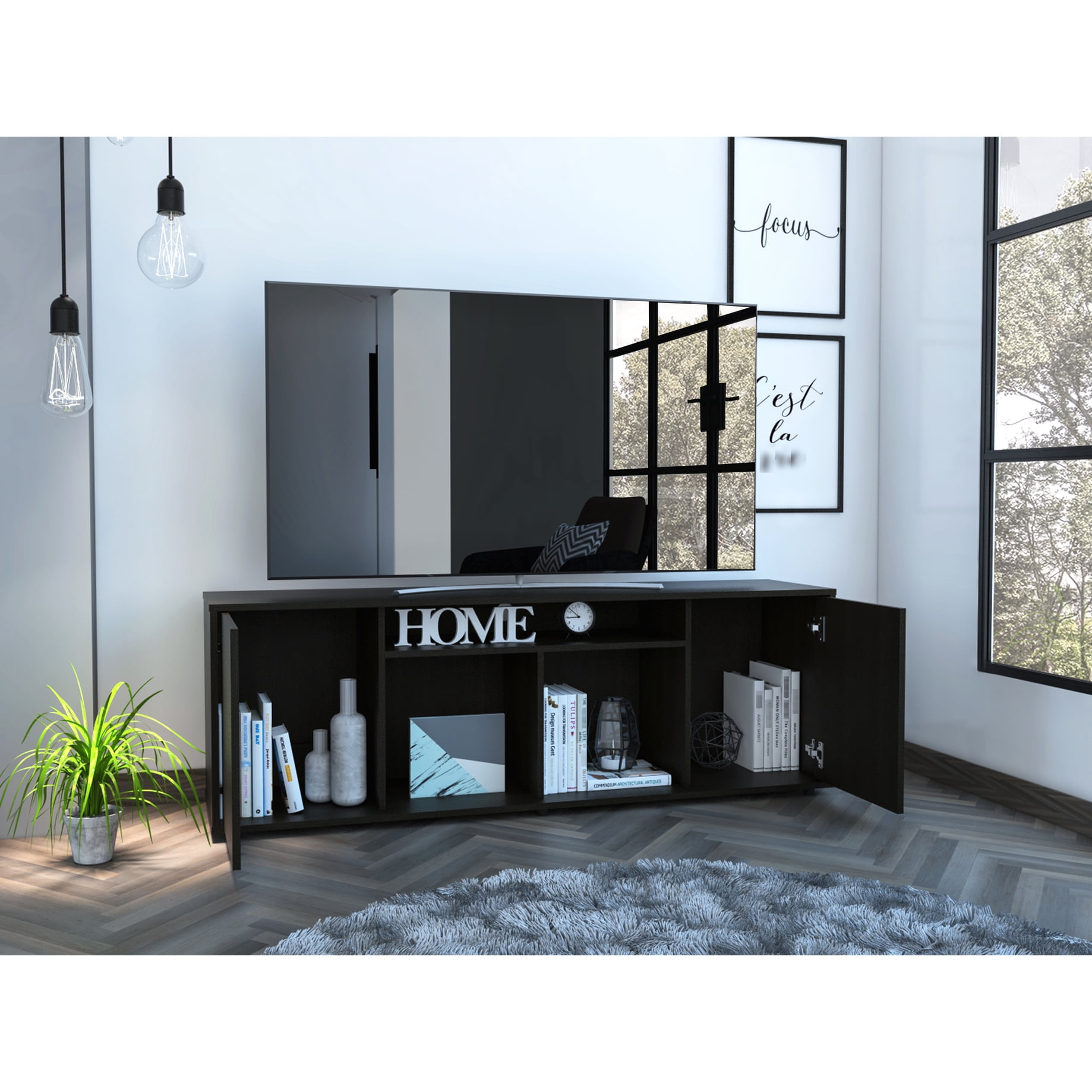 Black Tv Stand For 50 - 59 Inch Tvs, Four Shelves, Modern, And ...