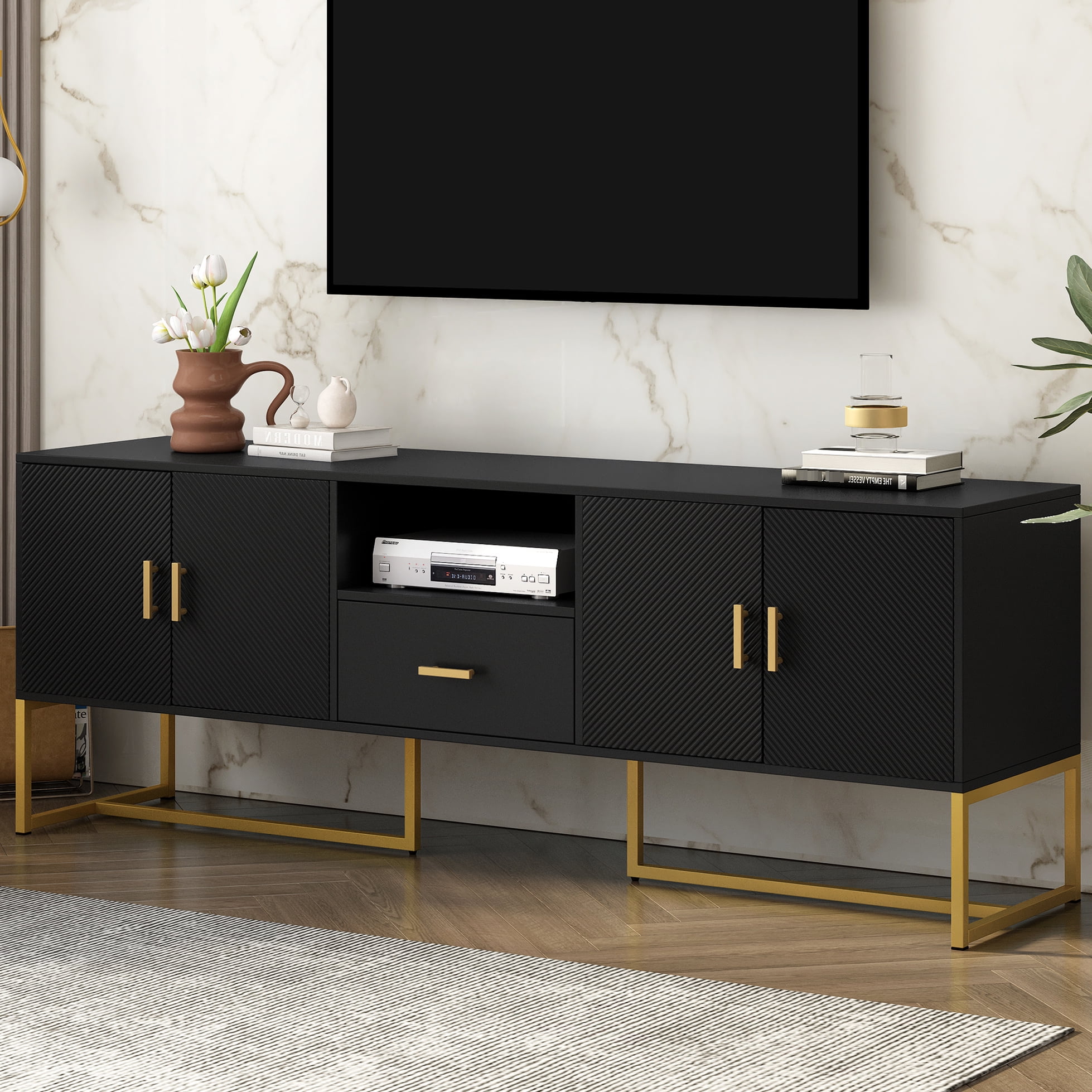 Black Tv Stand For Up To 70-inch Tvs, With 1 Drawer, 2 Cabinets, Metal ...