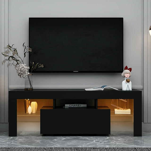 Black Tv Stand With Led Rgb Lights,Flat Screen Tv Cabinet, Gaming ...