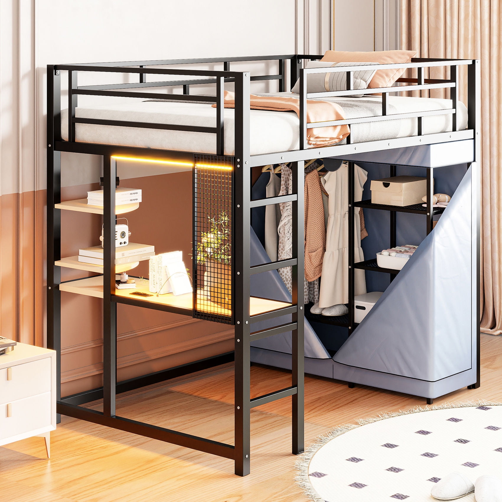 Black Twin Metal Loft Bed with Storage / Utilize Space for Small Living ...