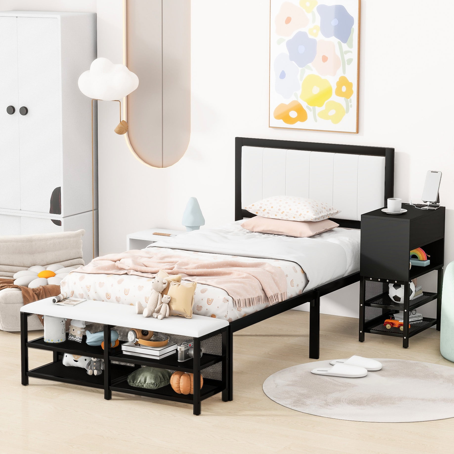 Black Twin Metal Platform Bed Equipped with Two-Tier Shelves and ...
