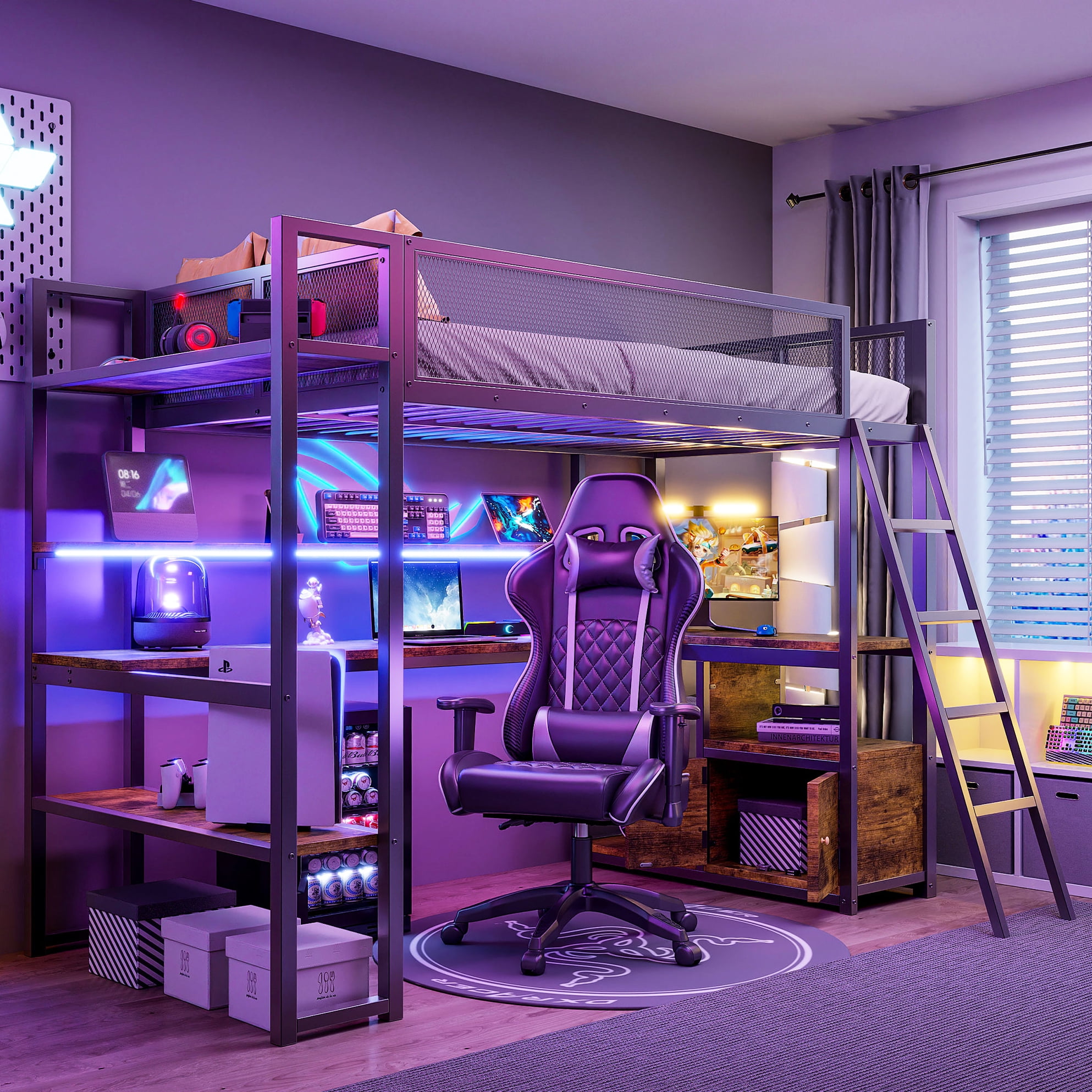 Black Twin Size Loft Bed With Workstation, Led, Plentiful Storage Facilities Space Work Station ...