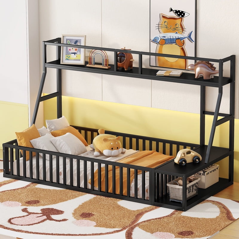 Black Twin Size Metal Floor Bed Frame with Safety Fence, Desk, and ...