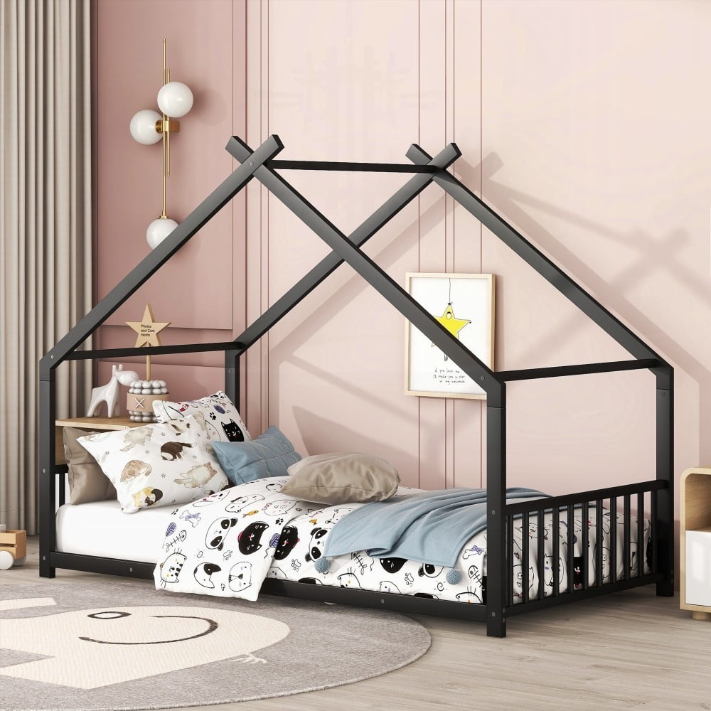 Black Twin Size Metal House Bed - Semi-Enclosed Space for Better Sleep ...